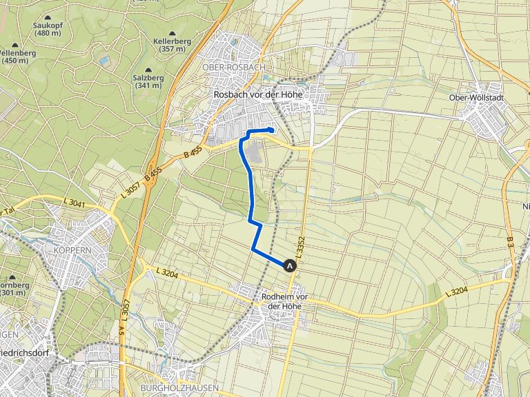 Von Friedhof Rodheim, Rosbacher Straße, 61191 Rosbach vor der Höhe zur ...